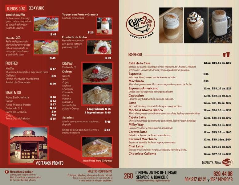 Menu at Coffee2go cafe, Tijuana, Blvd. Casa Blanca 21351