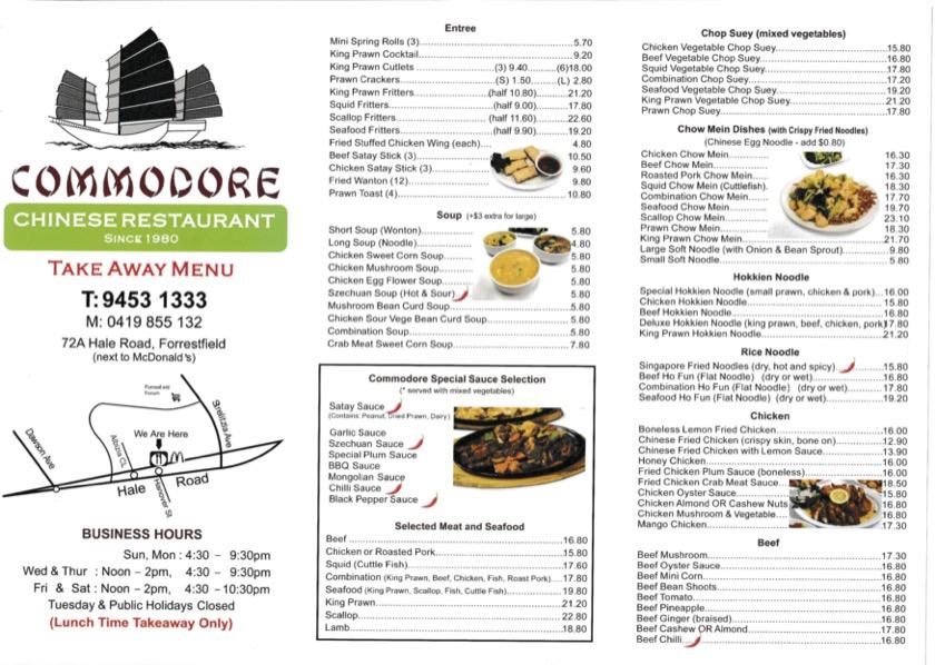 Carta de Commodore Chinese Restaurant & Takeaway, Forrestfield