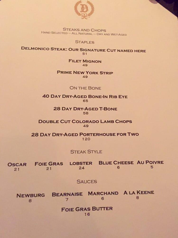 Menu at Delmonico's steakhouse, New York City