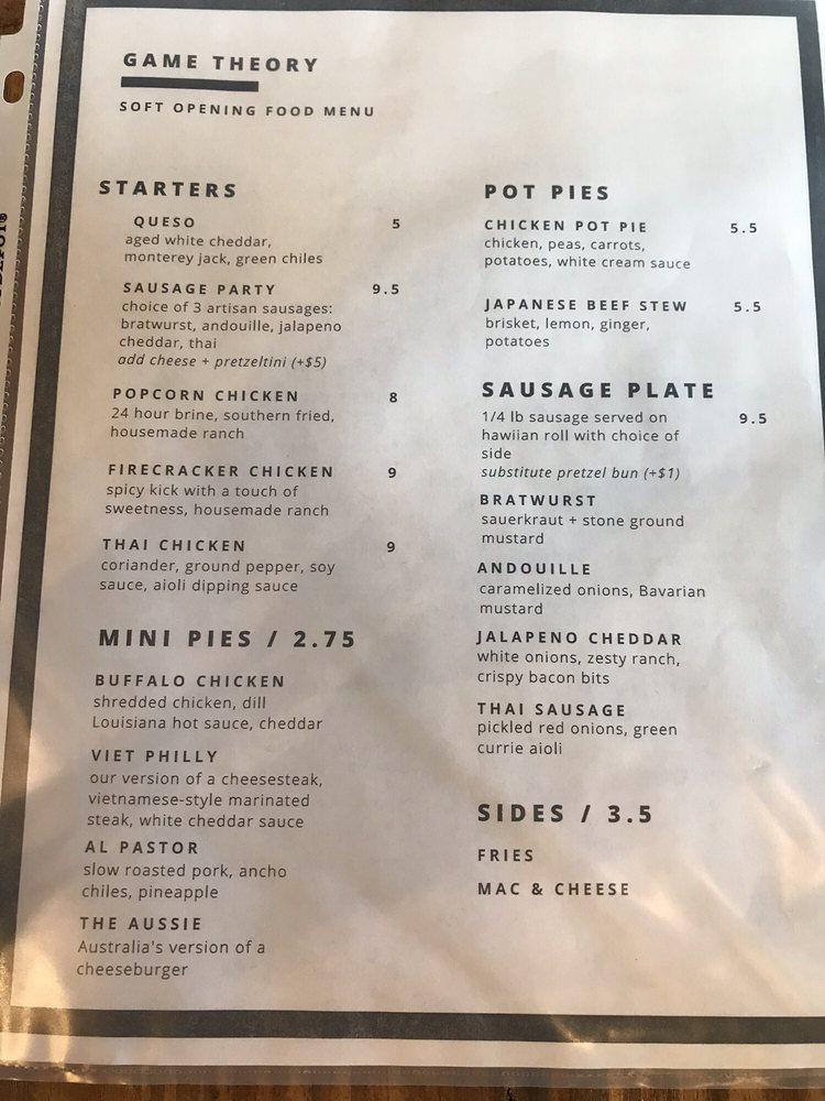 Menu at Game Theory Restaurant + Bar, Fort Worth, 804 S Main St