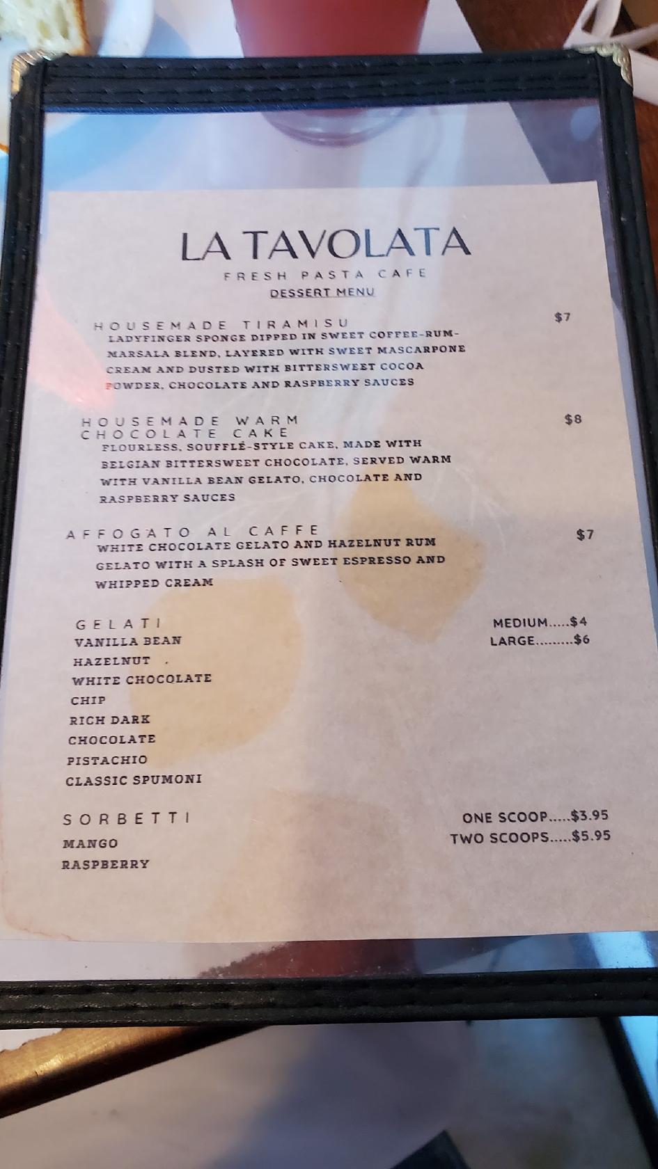 Carta del restaurante La Tavolata, Artesia