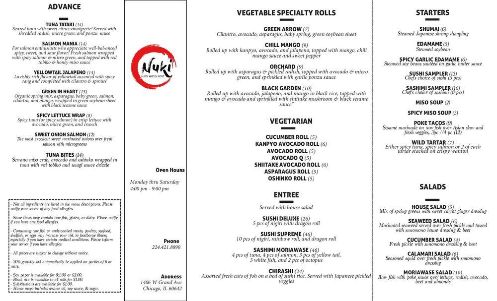 Menu at Nuki Sushi Restaurant, Chicago