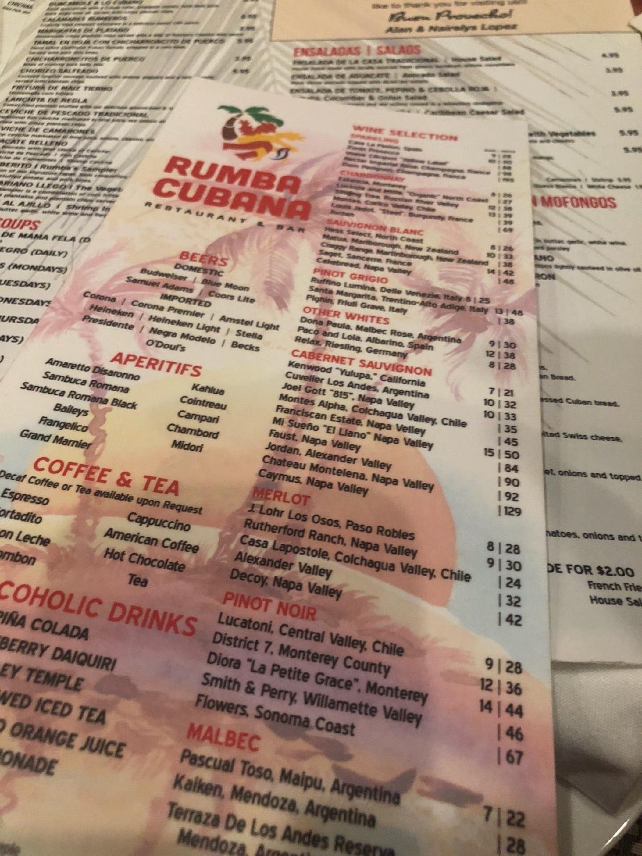 Menu at Rumba Cubana pub & bar, Jersey City