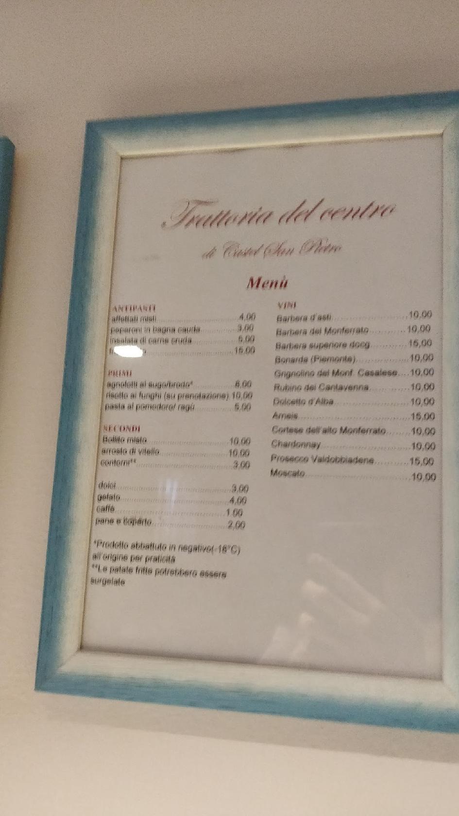 Menu at Trattoria del Centro restaurant, Camino
