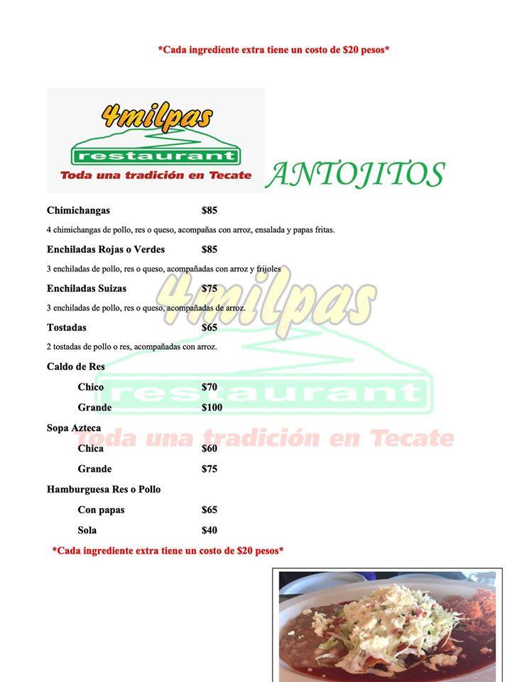 Menu at 4 Milpas Restaurant, Tecate
