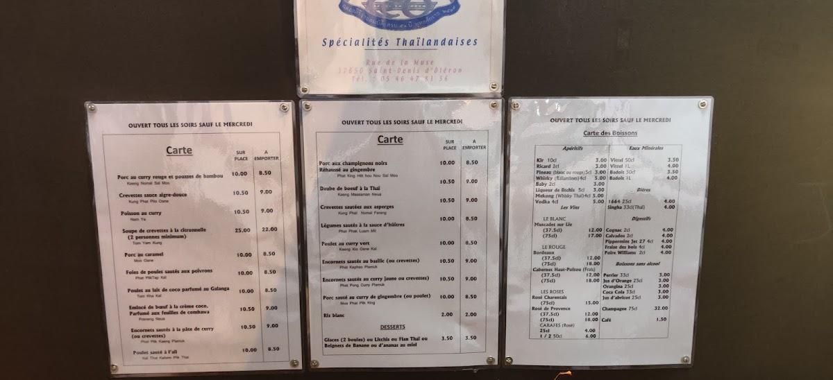 Menu at Bangkok Noï restaurant, Saint-Denis-d'Oléron
