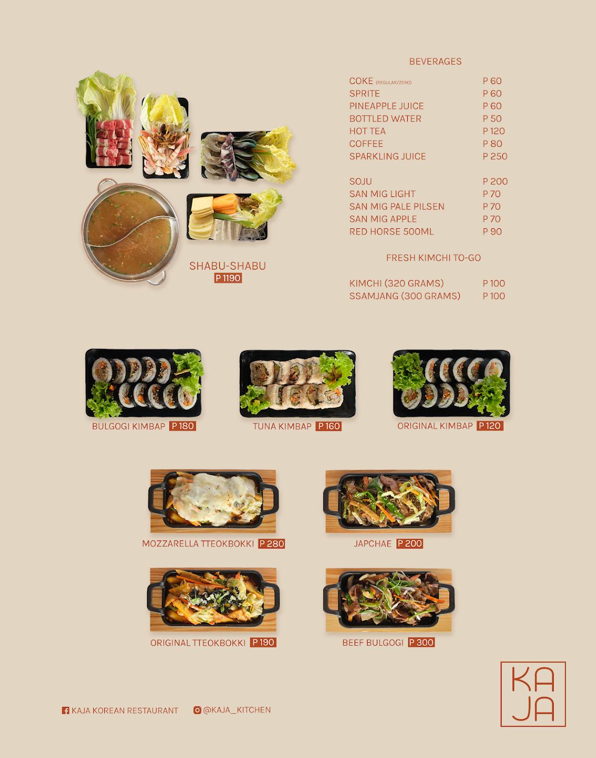 Menu at KAJA Korean Restaurant, San Fernando