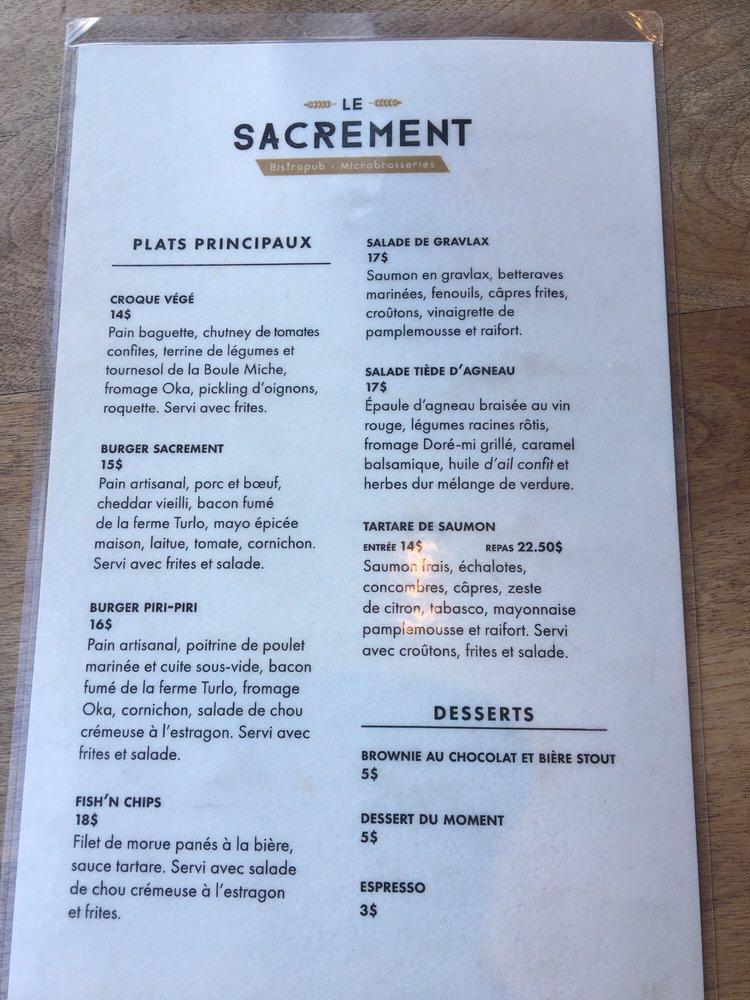 Menu at Le Sacrement - Bistropub, Québec City