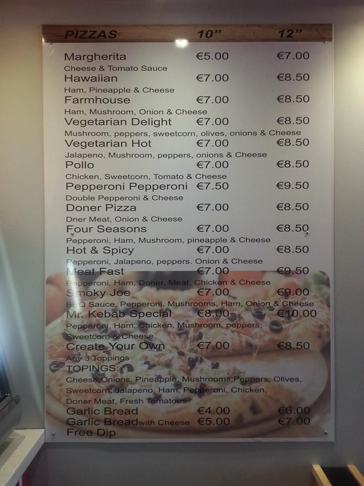 Menu at Mr. Kebab restaurant, Milltown, Church St
