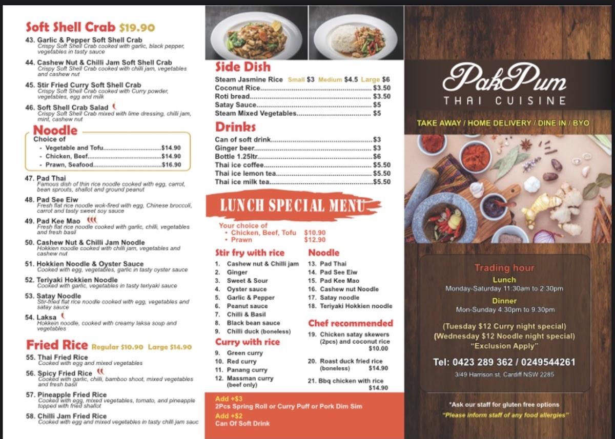 Menu at Pakpum Thai restaurant, Cardiff, 3/49 Harrison St