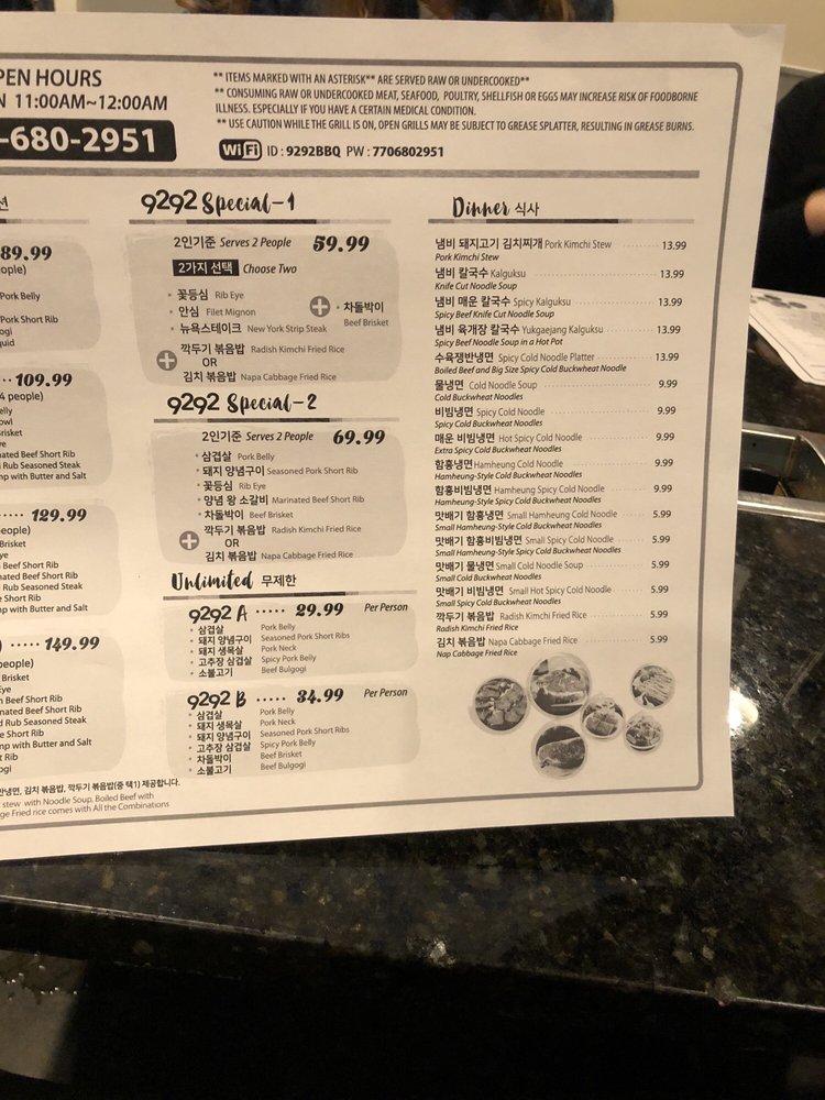 Menu at 9292 Korean BBQ, Duluth
