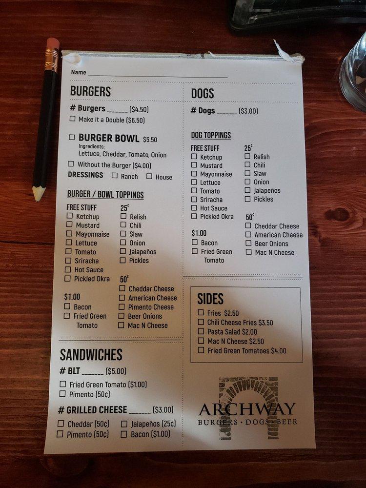 Menu at Archway Burgers, Dogs, And Beer pub & bar, Fayetteville