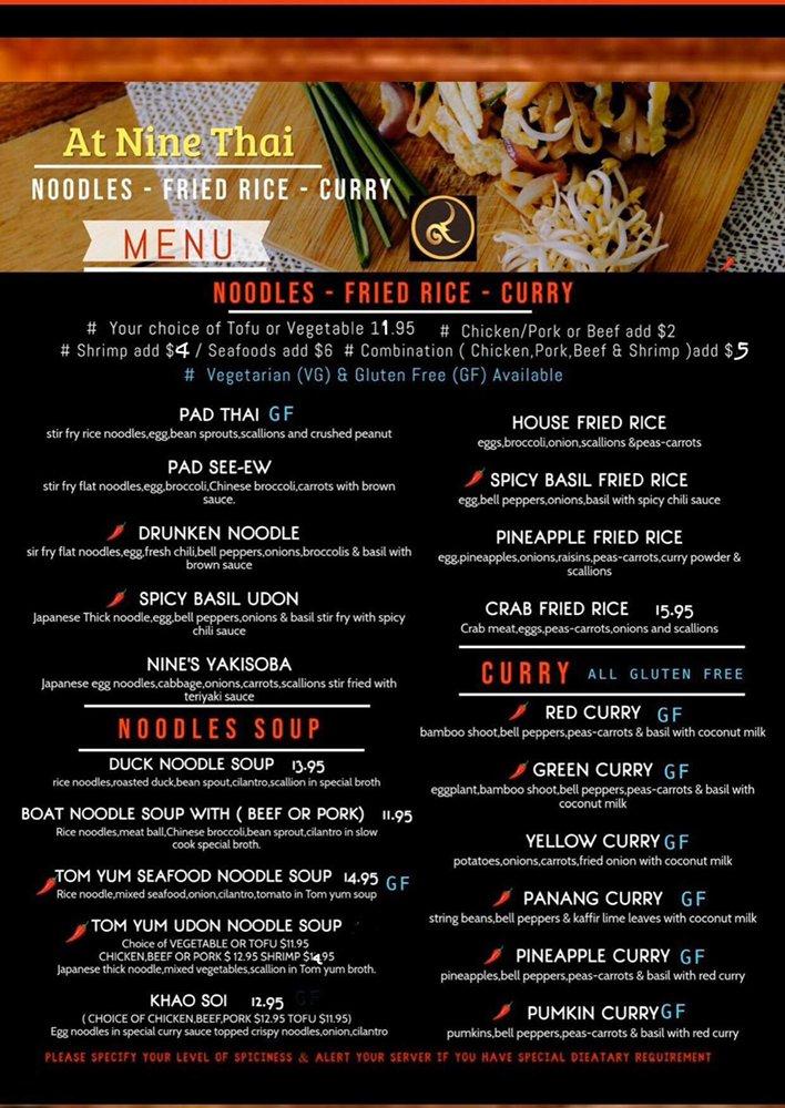 Menu at At Nine Thai restaurant, Centennial