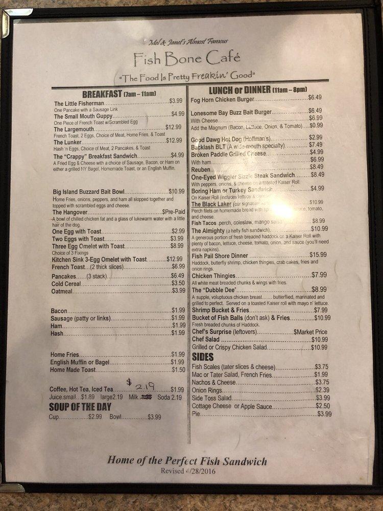 Menu at Fish Bone Cafe, USA