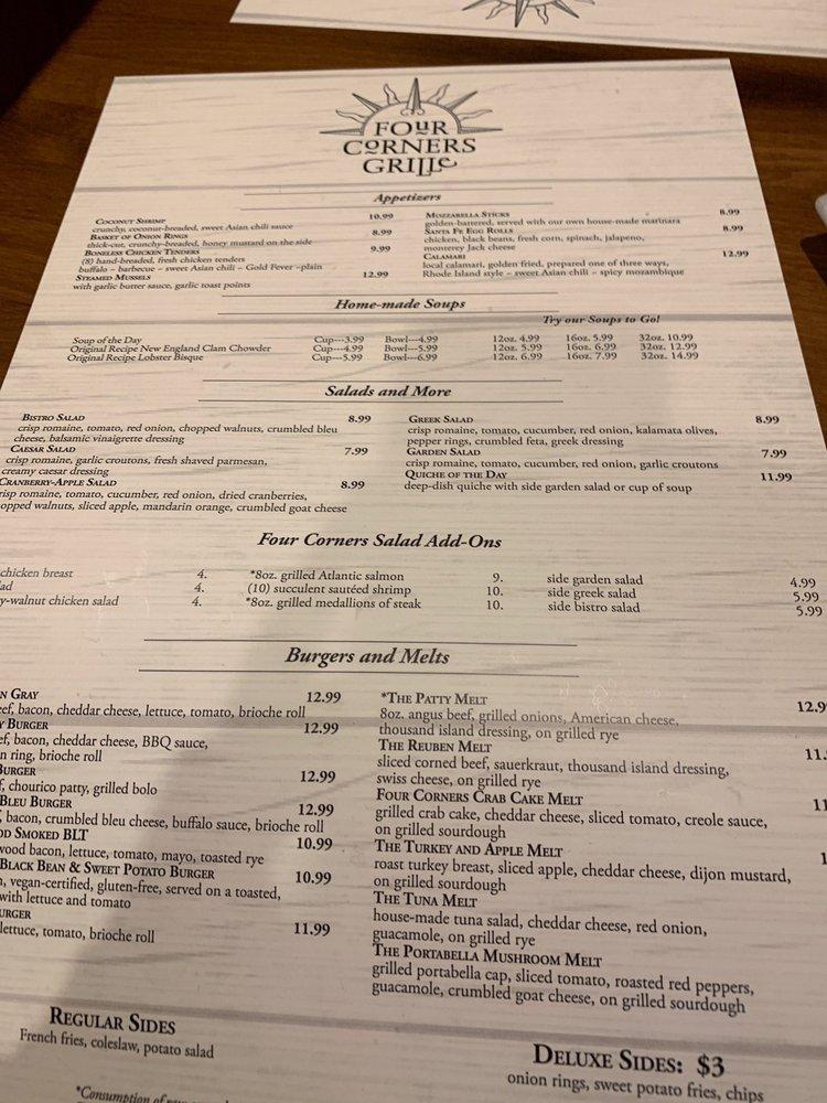 Menu at Four Corners Grille restaurant, Tiverton, Main Rd