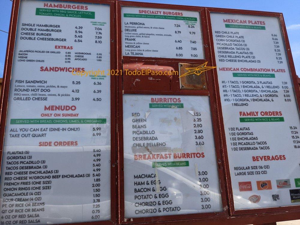 Menu at Happy Burger restaurant, El Paso