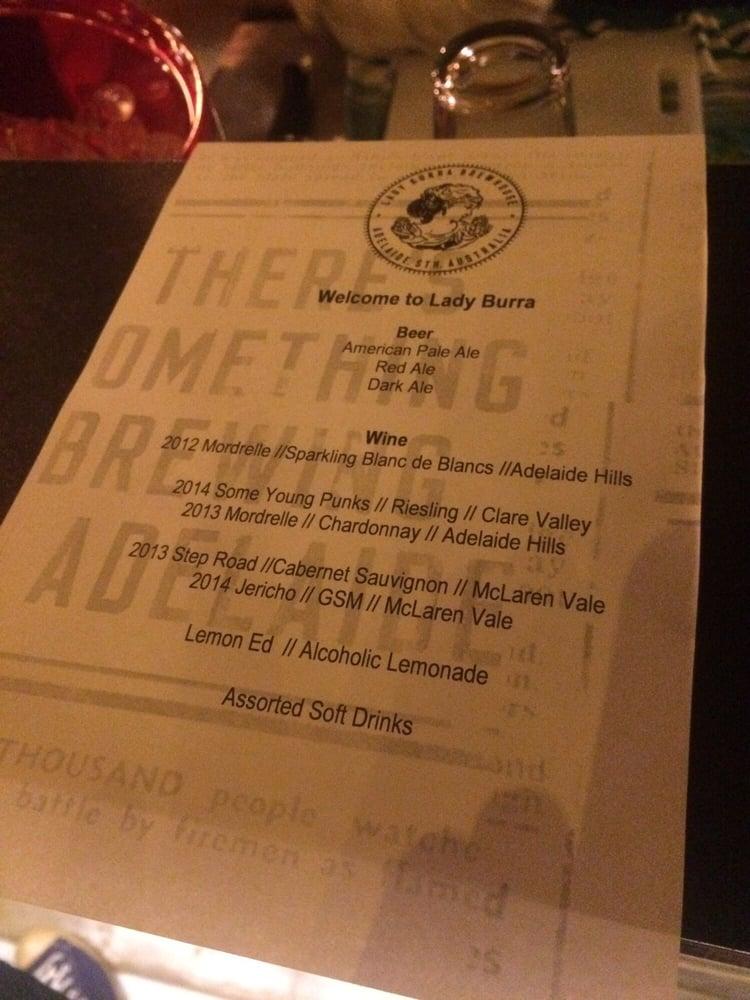 Menu at Lady Burra Brewhouse pub & bar, Adelaide