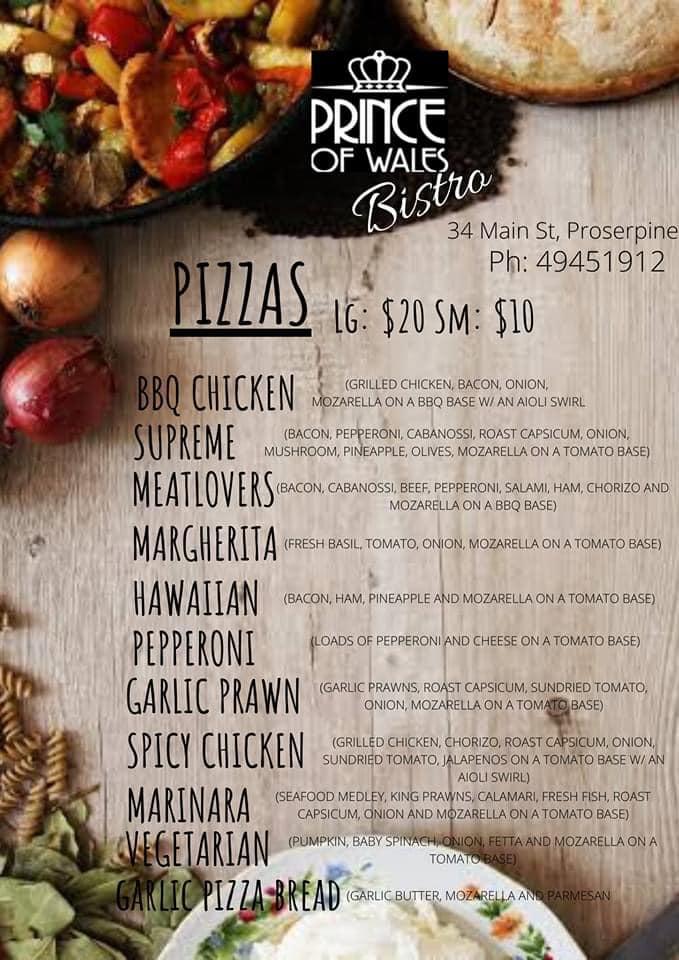 Menu at Prince of Wales Hotel pub & bar, Proserpine