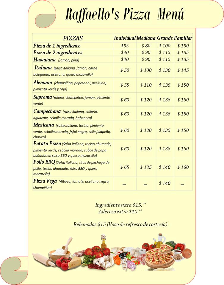 Menu at Raffaello's Pizzas pizzeria, La Paz