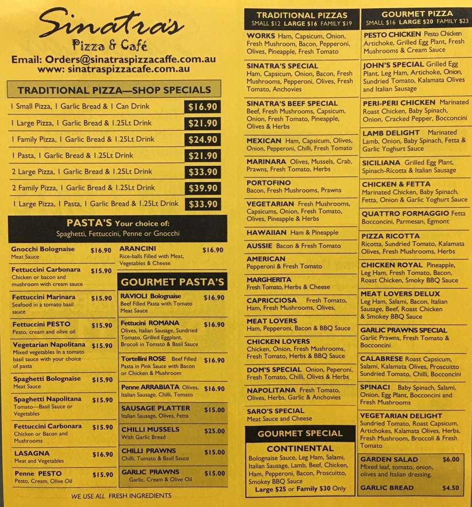 Menu at Sinatra's Pizza & Cafe, East Victoria Park