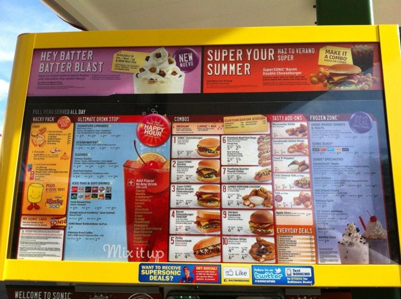 Menu at Sonic Drive-In fast food, Baltimore, W Patapsco Ave