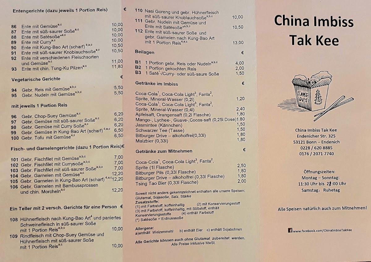 Speisekarte von TAK Kee China Imbiss restaurant, Bonn
