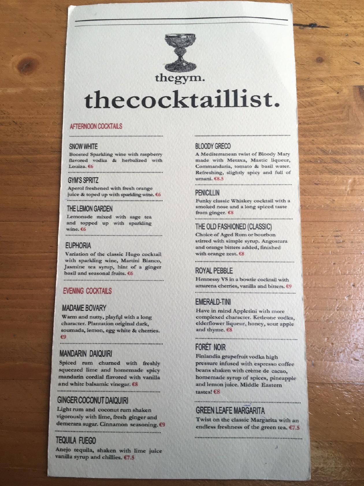 Menu at The Gym, Nicosia, 89 Onasagorou Nicosia CY