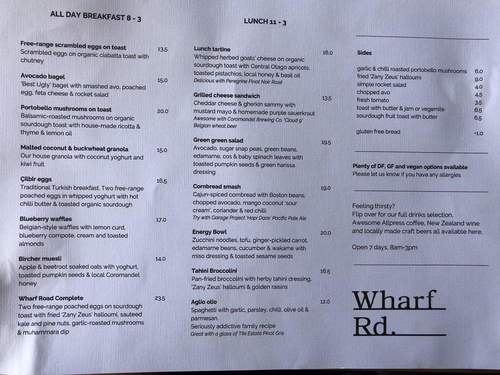 Menu at Wharf Road cafe, Coromandel
