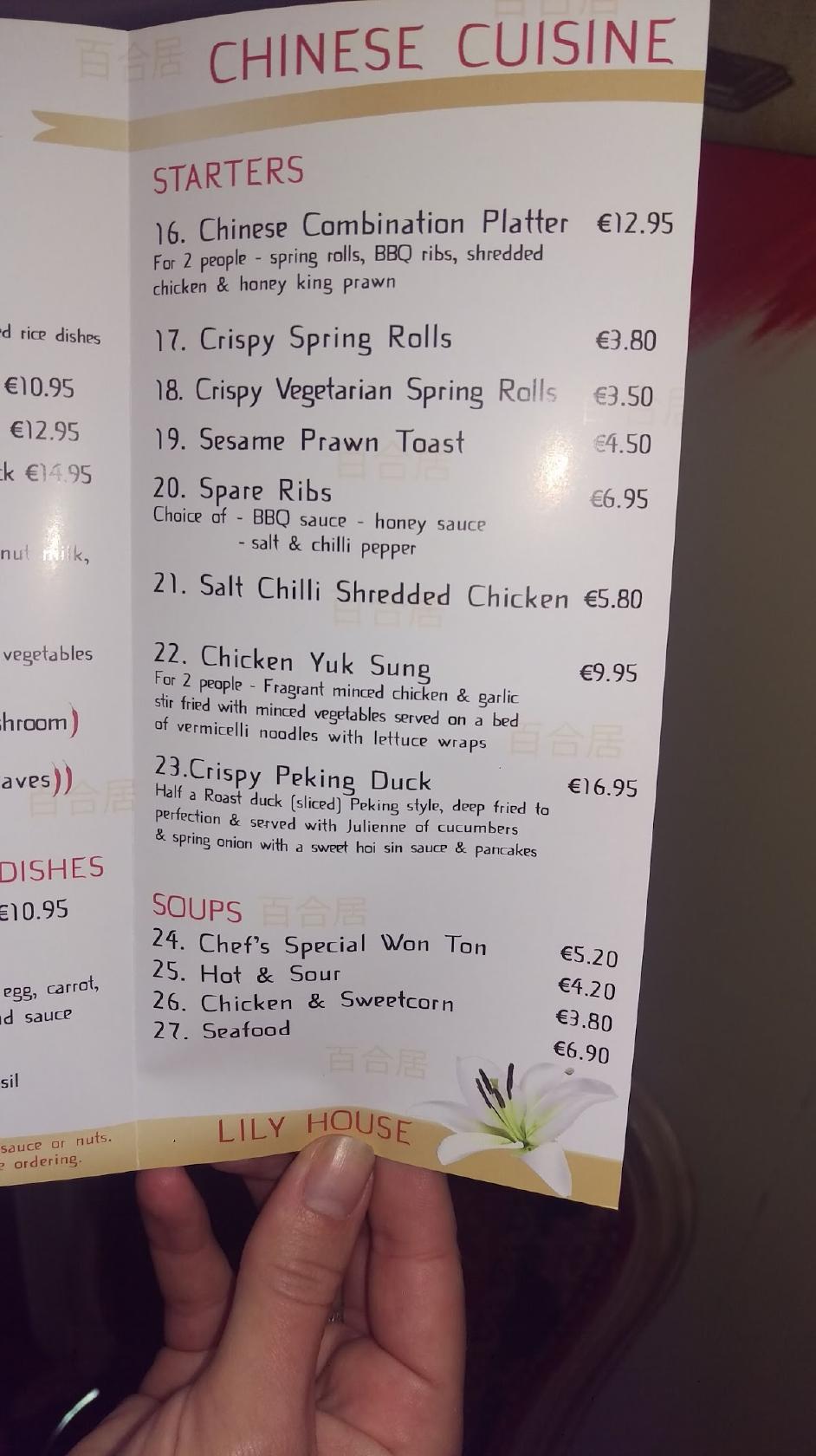 Menu at Lily House Thai & Chinese Restaurant, Kenmare