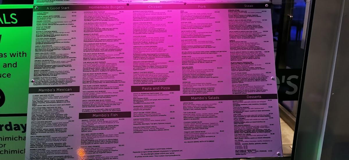 Menu at Mambo's Bar & Restaurant, Paralimni