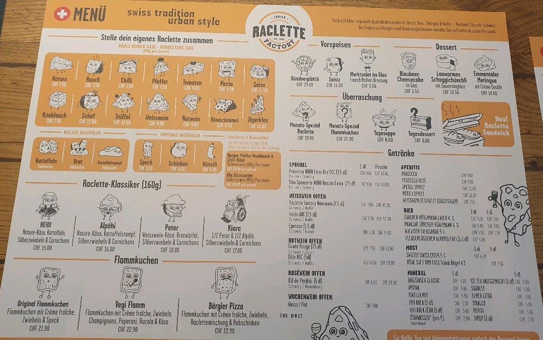 Menu at Raclette Factory, Zürich
