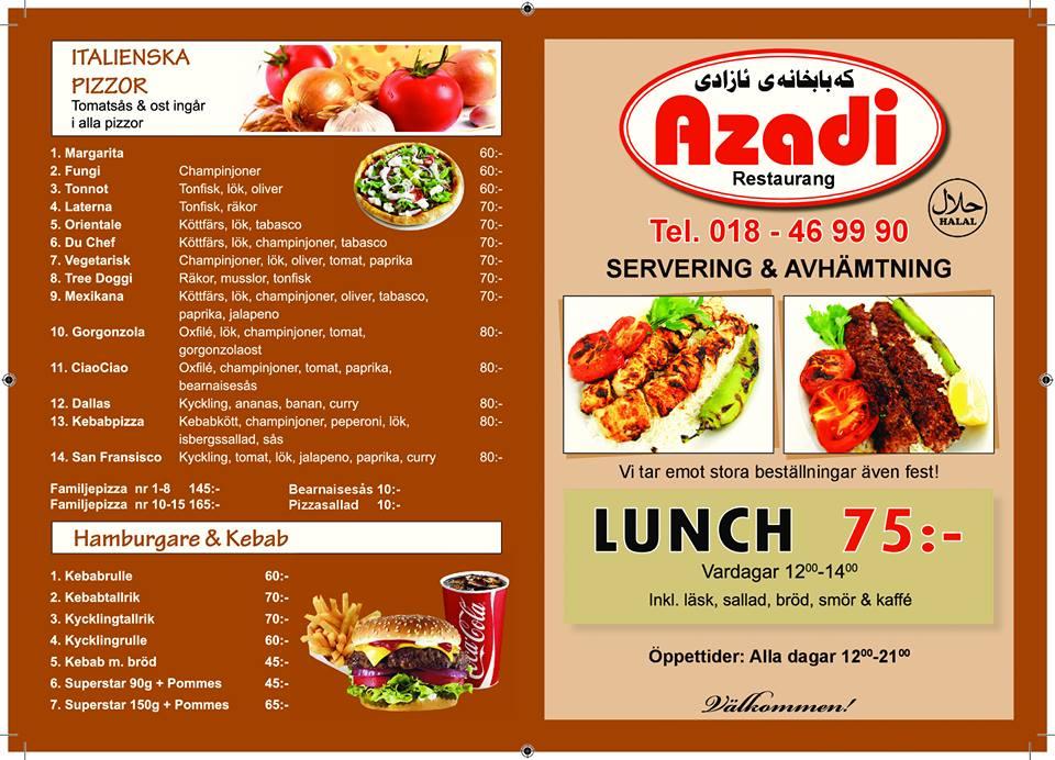 Menu at Restaurang Azadi restaurant, Uppsala
