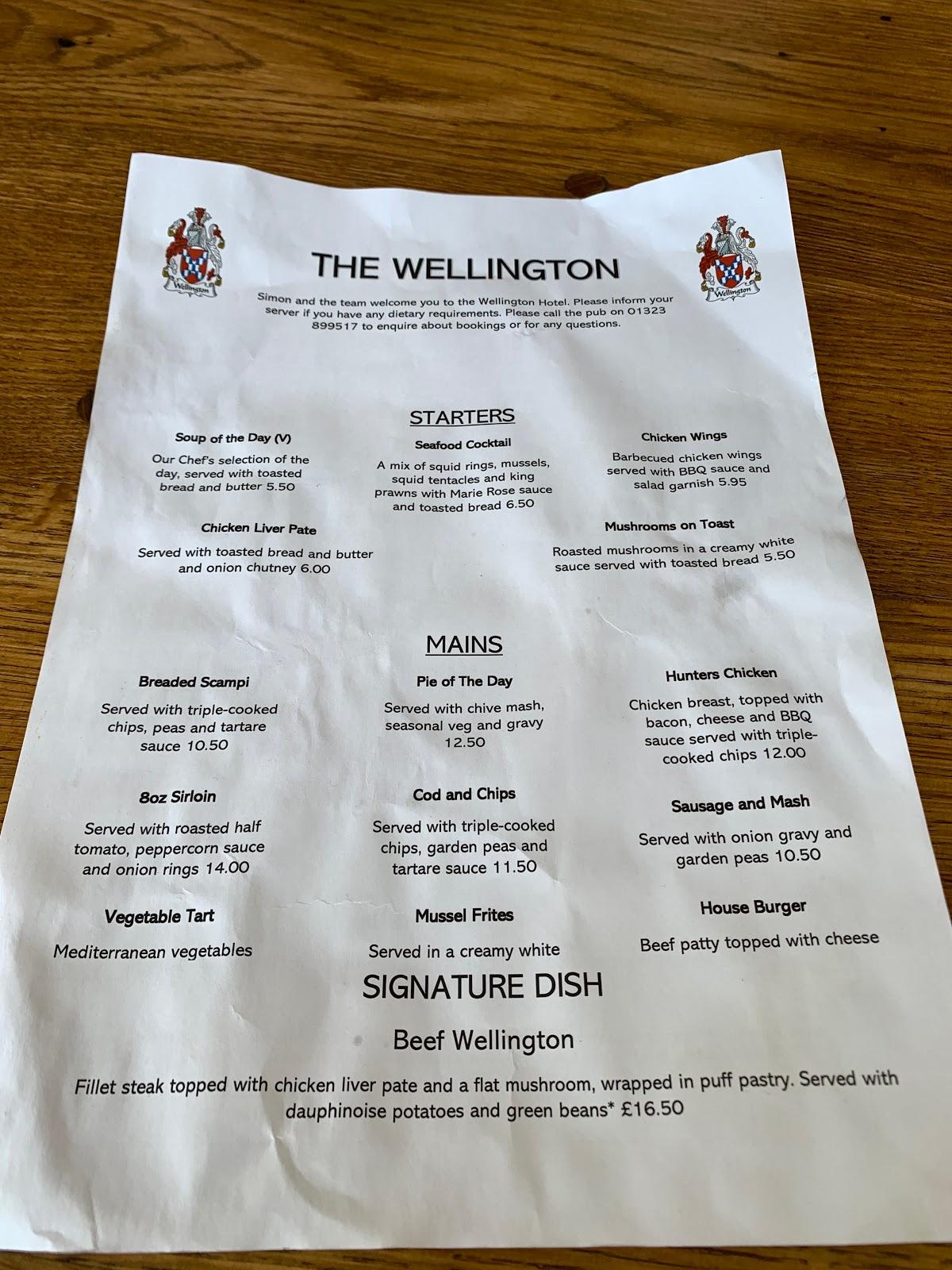 Menu at The Wellington Pub and Bed & Breakfast, Seaford