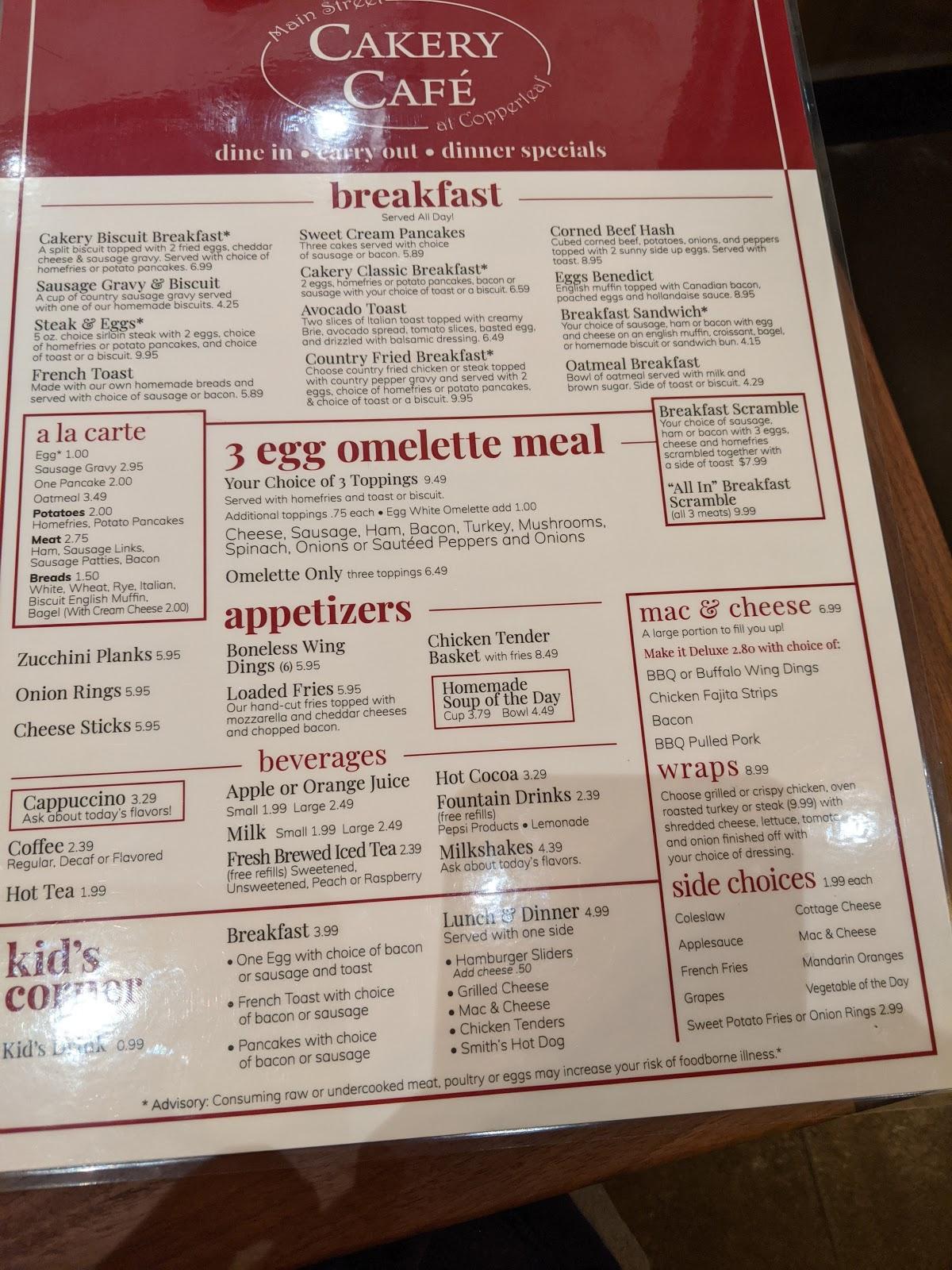 Menu at Cakery Cafe at Copperleaf, Erie