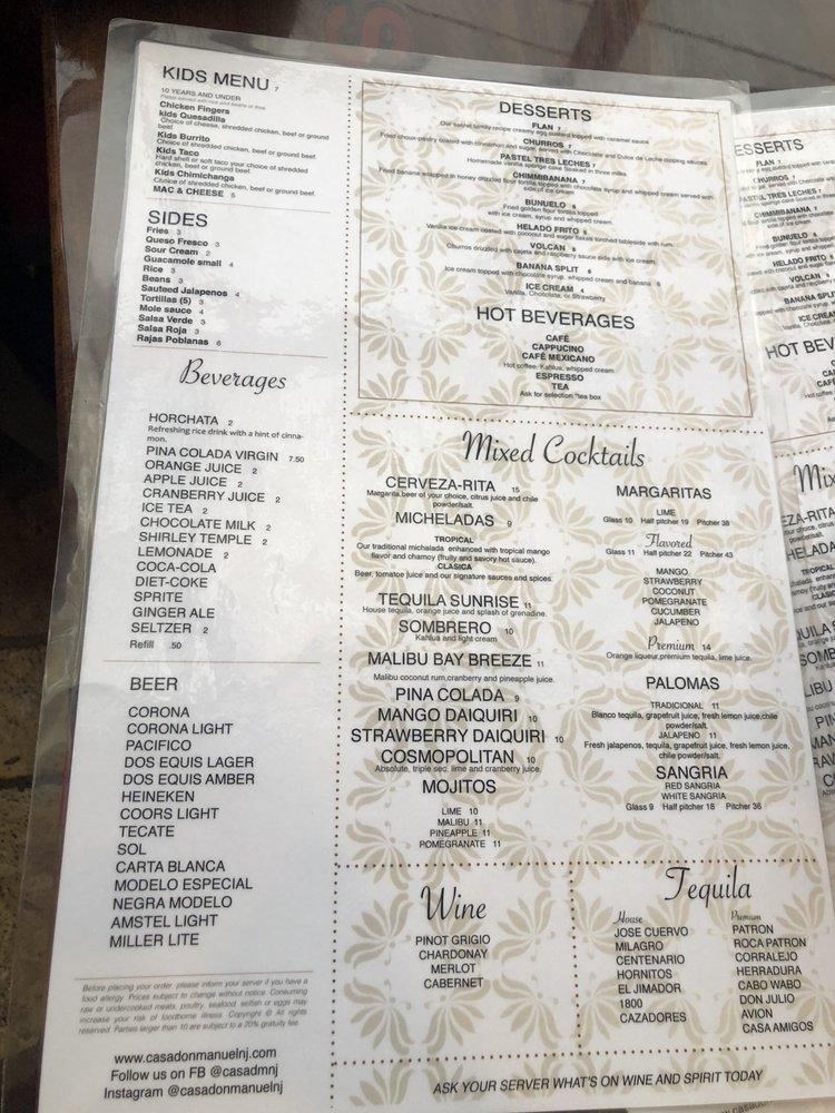 Menu at Casa Don Manuel restaurant, Wayne