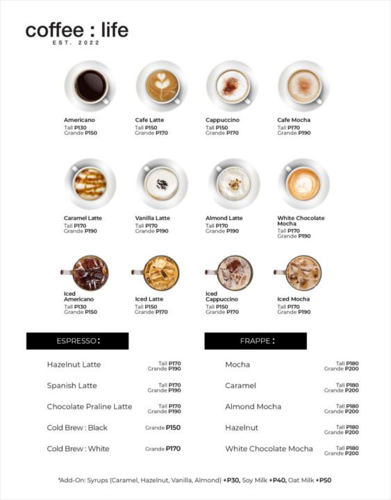 Menu at Coffee : Life cafe, Taguig