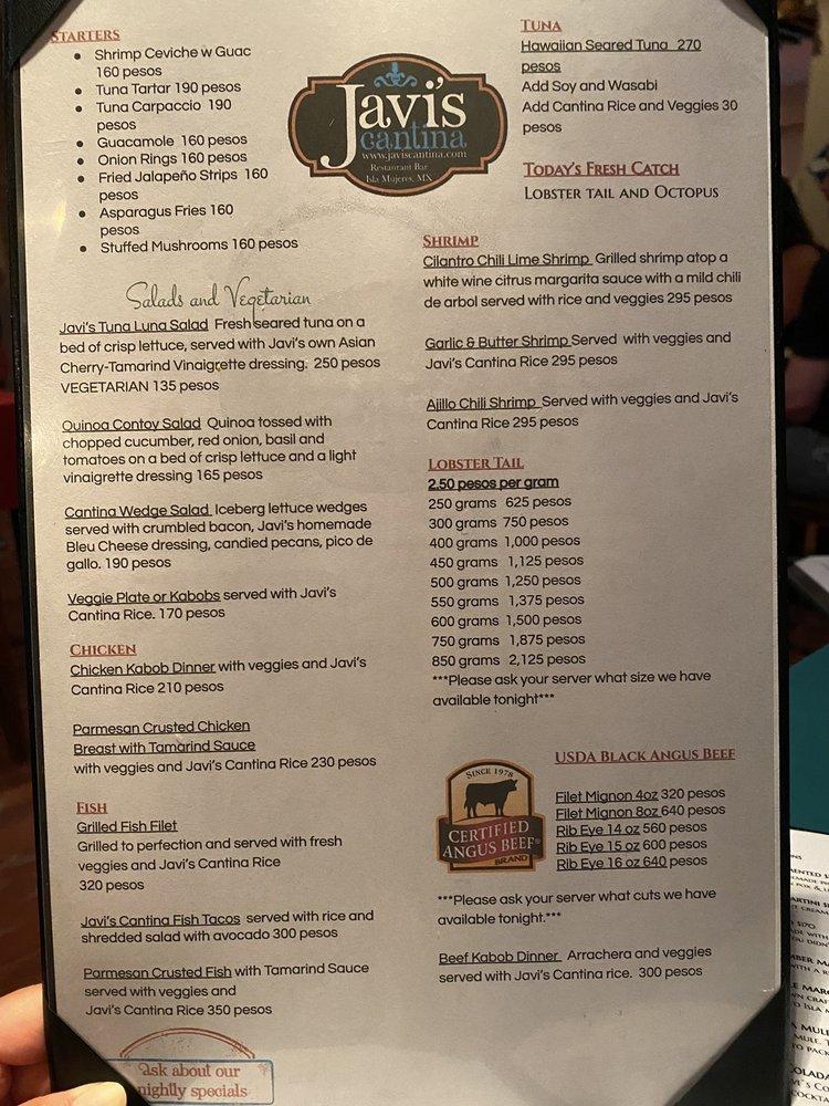 Menu at Javi's Cantina restaurant, Isla Mujeres