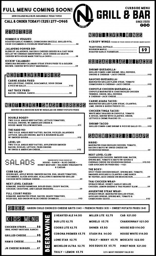 Menu at Next Level Grill & Bar, San Angelo