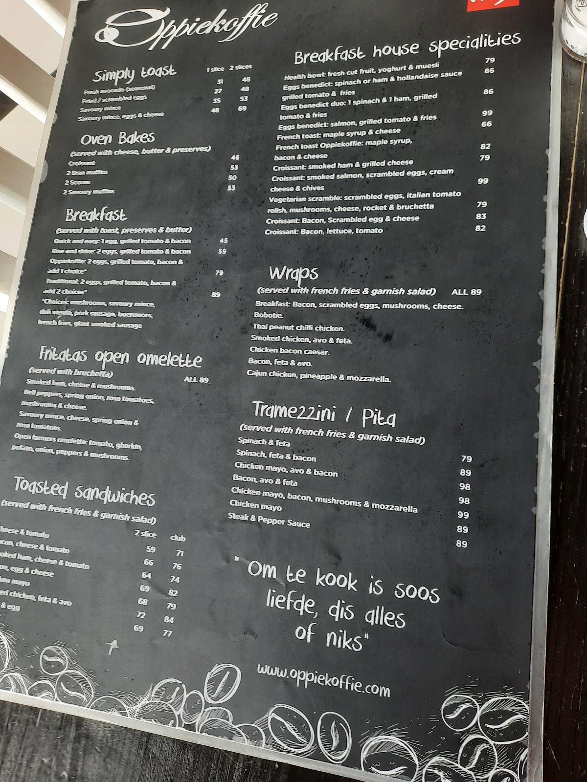 Menu at Oppiekoffie Glengarry cafe, Cape Town, Glengarry Shopping Centre