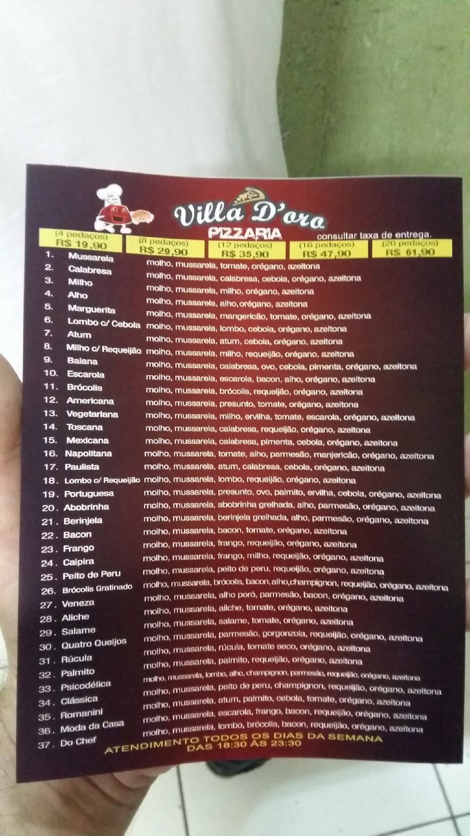 Menu em Villa d'oro pizzaria, Paulinia