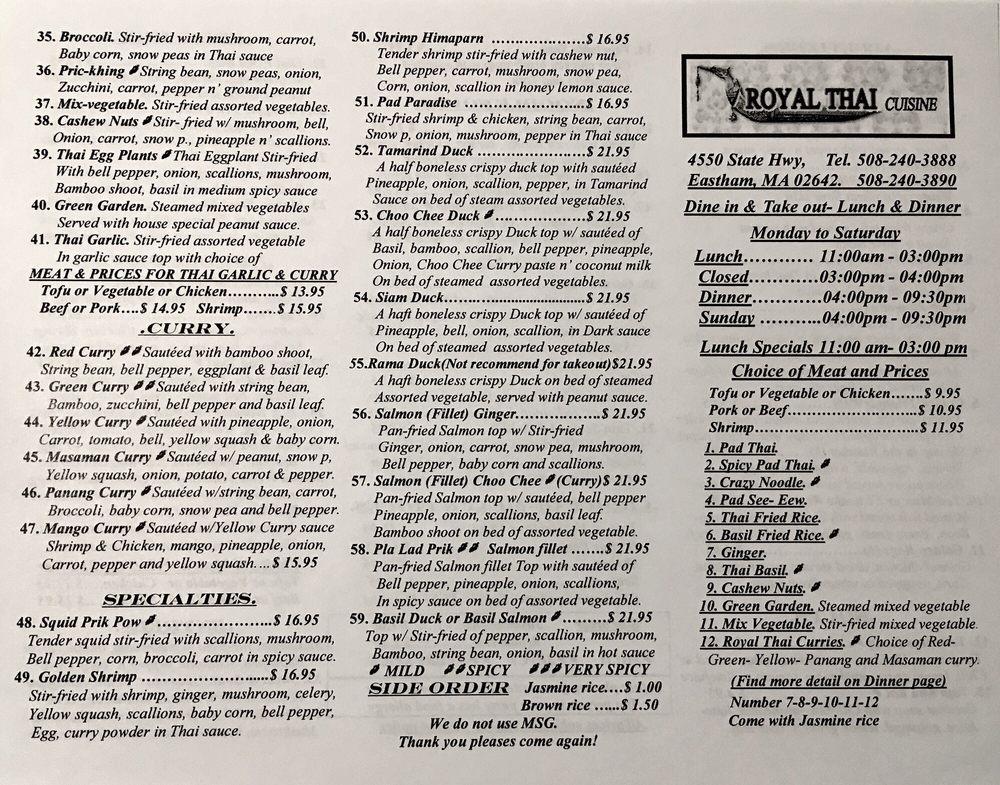 Menu at Royal Thai Cuisine restaurant, Eastham