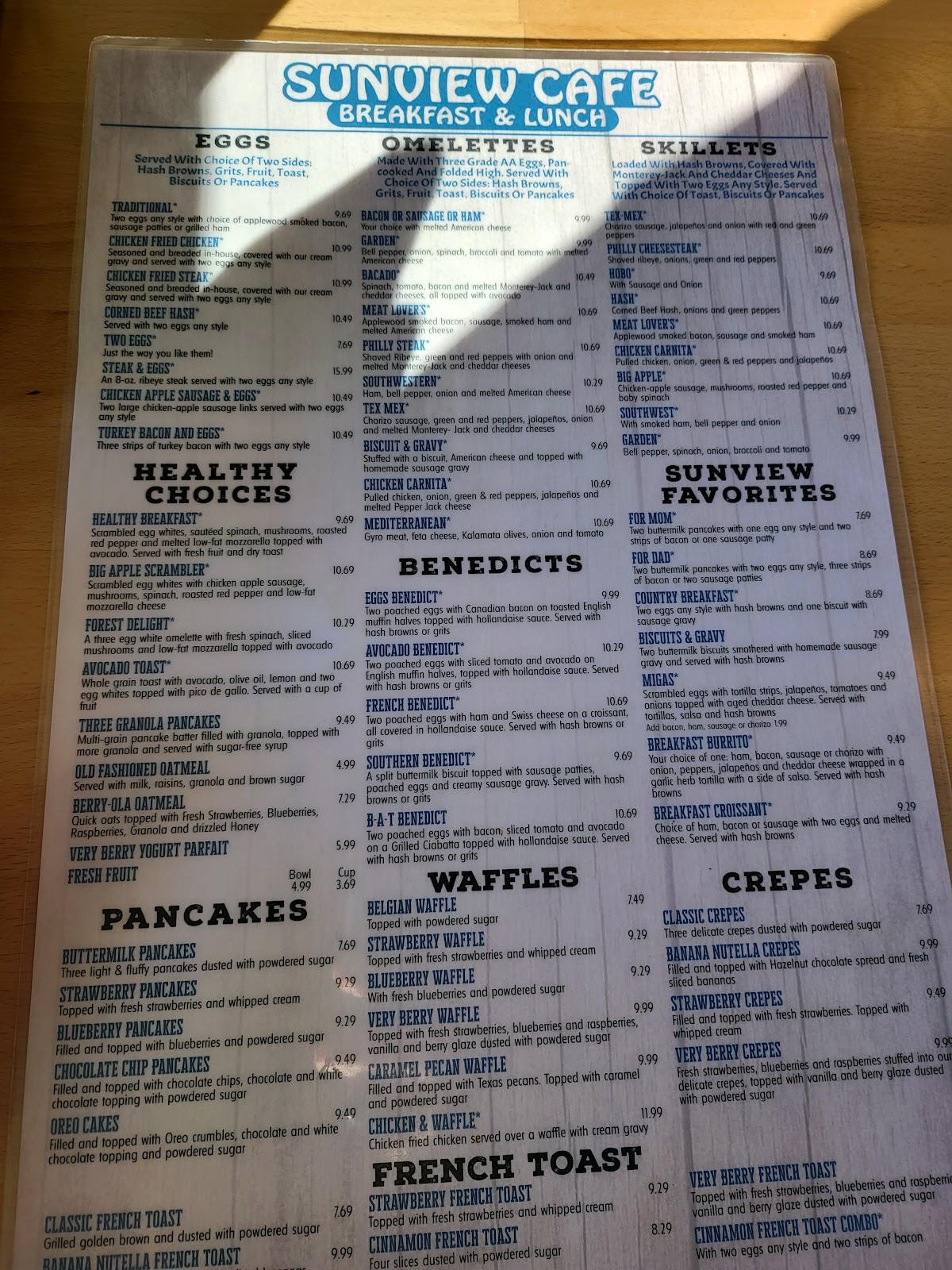Menu at Sunview Cafe, Melissa