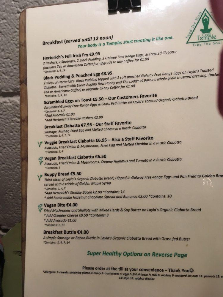Menu at Temple Cafe, Galway