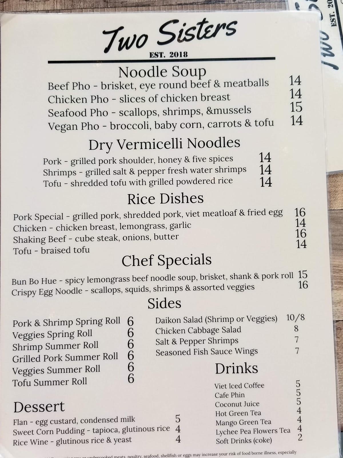 Menu at Two Sisters Vietnamese Restaurant, Pittsburgh