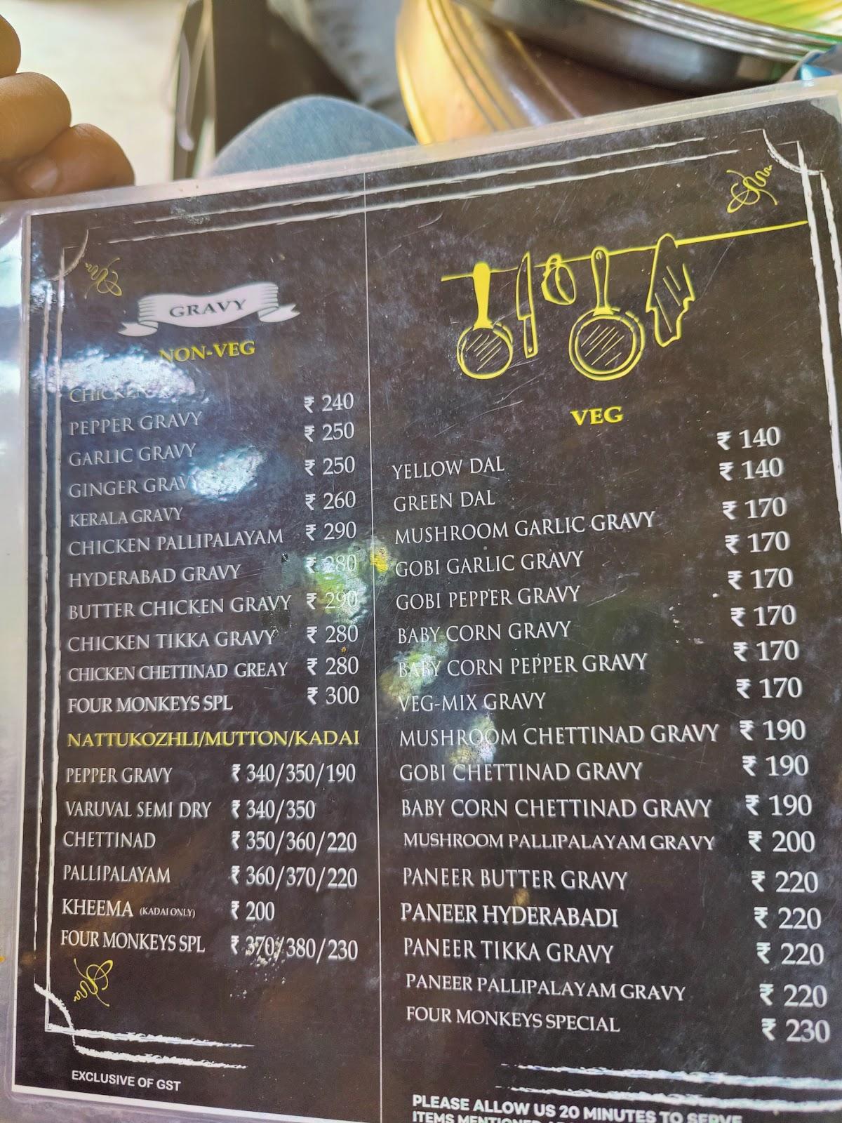 Menu at Four Monkeys Club, Avinashi