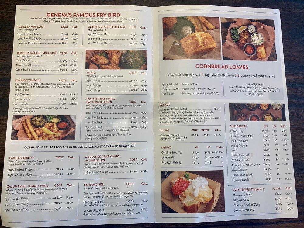 Menu at Geneva's Famous Chicken and Cornbread Co. restaurant, Savannah
