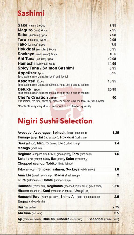 Menu at Kimu Japanese Cuisine restaurant, Vancouver