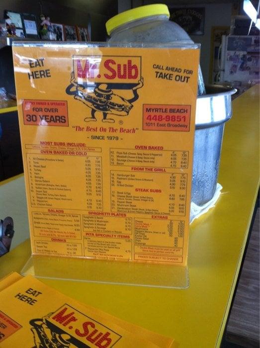 Menu at Mr Sub of Myrtle Beach restaurant, Myrtle Beach, Broadway St