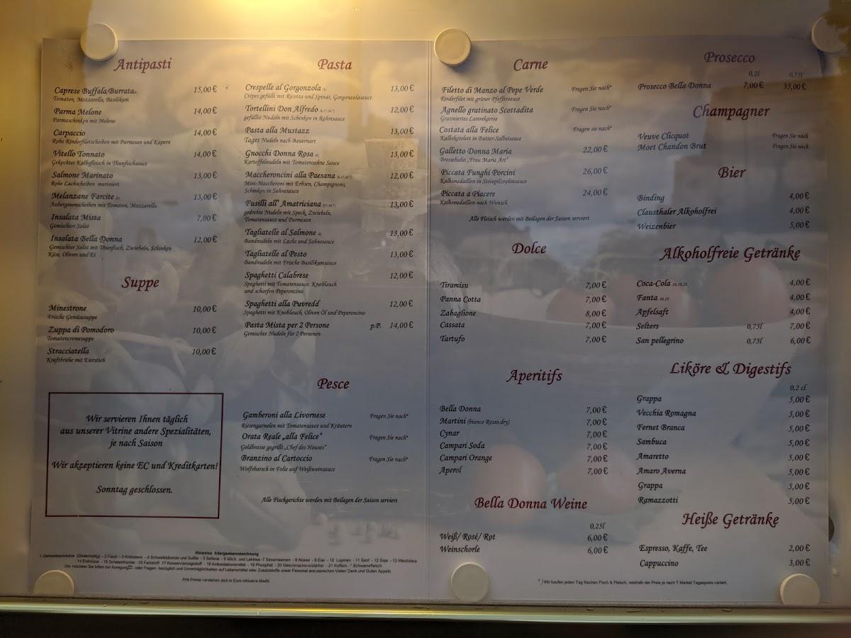 Menu at Bella Donna pizzeria, Frankfurt