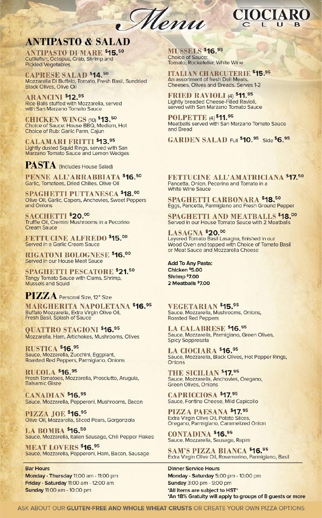 Menu at Ciociaro Club Restaurant, Windsor